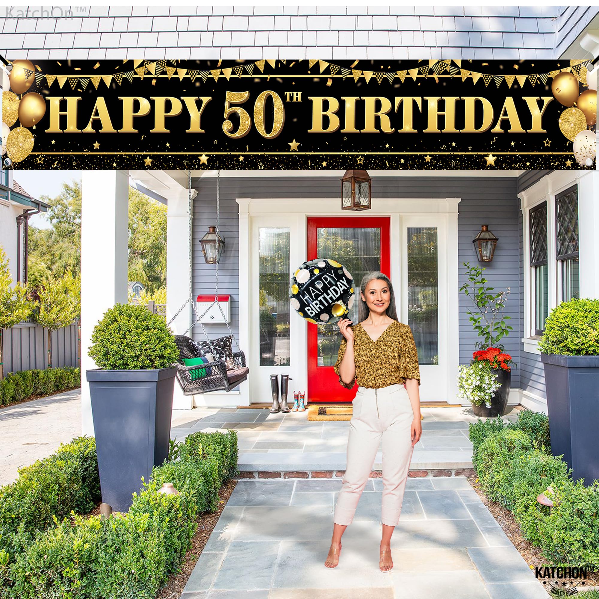 KatchOn, XtraLarge Happy 50th Birthday Yard Banner - 120x20 Inch | Black and Gold 50th Birthday Yard Sign for Men | Happy 50th Birthday Banner for 50th Birthday Decorations | 50 Birthday Decorations