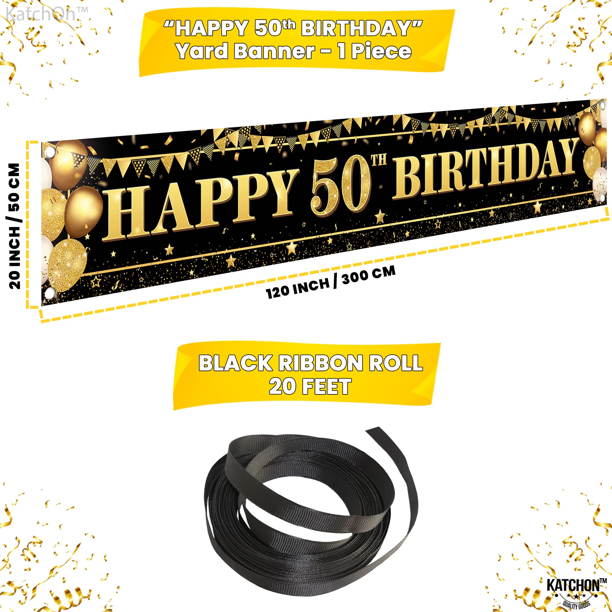 KatchOn, XtraLarge Happy 50th Birthday Yard Banner - 120x20 Inch | Black and Gold 50th Birthday Yard Sign for Men | Happy 50th Birthday Banner for 50th Birthday Decorations | 50 Birthday Decorations