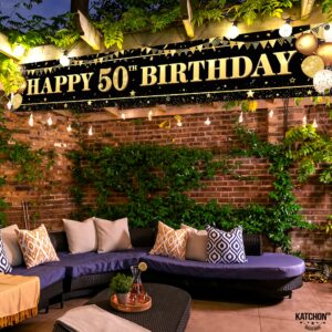 KatchOn, XtraLarge Happy 50th Birthday Yard Banner - 120x20 Inch | Black and Gold 50th Birthday Yard Sign for Men | Happy 50th Birthday Banner for 50th Birthday Decorations | 50 Birthday Decorations