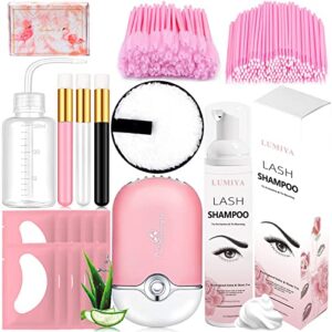 250ml/8.45fl.oz eyelash extension cleanser lash shampoo mini usb portable lash fan eyelid shampoo brush eye gel pads wash bottle mascara brush microbrush makeup remover pad,gentle oil free (rose)