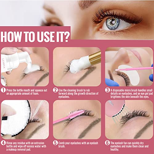 250ml/8.45fl.oz Eyelash Extension Cleanser Lash Shampoo Mini USB Portable Lash Fan Eyelid Shampoo Brush Eye Gel Pads Wash Bottle Mascara Brush Microbrush Makeup Remover Pad,Gentle Oil Free (Rose)