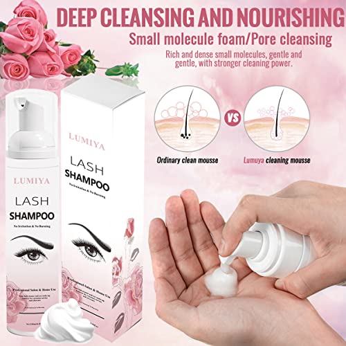 250ml/8.45fl.oz Eyelash Extension Cleanser Lash Shampoo Mini USB Portable Lash Fan Eyelid Shampoo Brush Eye Gel Pads Wash Bottle Mascara Brush Microbrush Makeup Remover Pad,Gentle Oil Free (Rose)