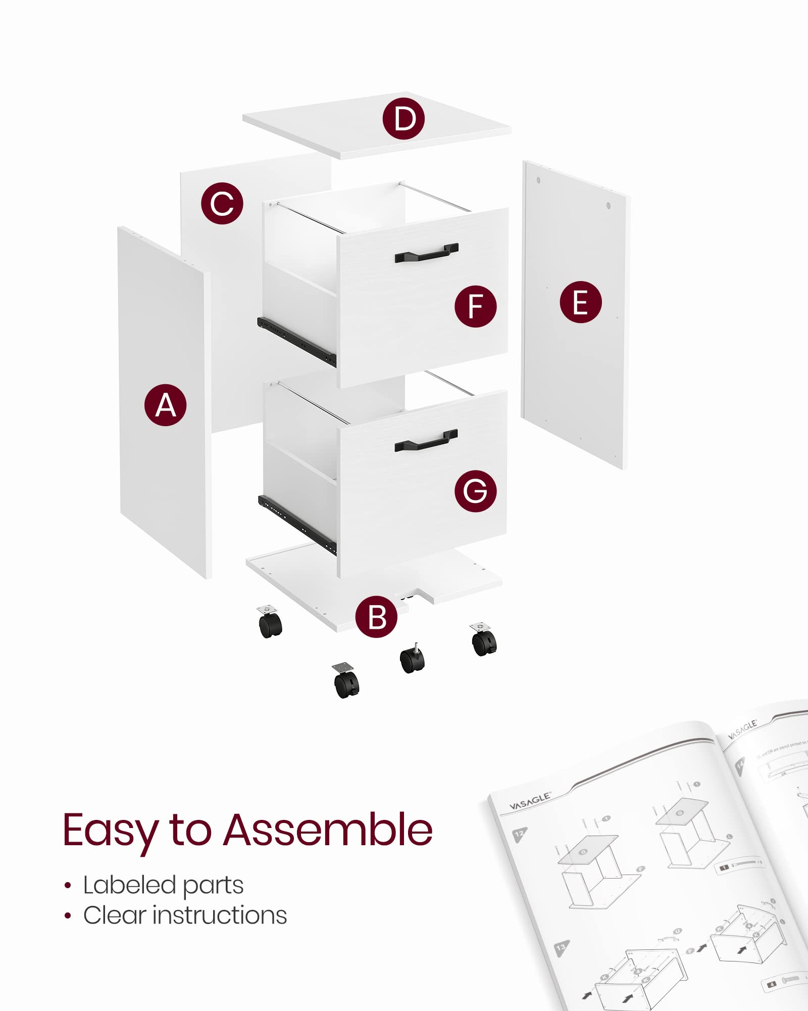 VASAGLE 2-Drawer File Cabinet, Filing Cabinet for Home Office, Small Rolling File Cabinet, Printer Stand, for A4, Letter-Size Files, Hanging File Folders, Modern Style, White UOFC040W46