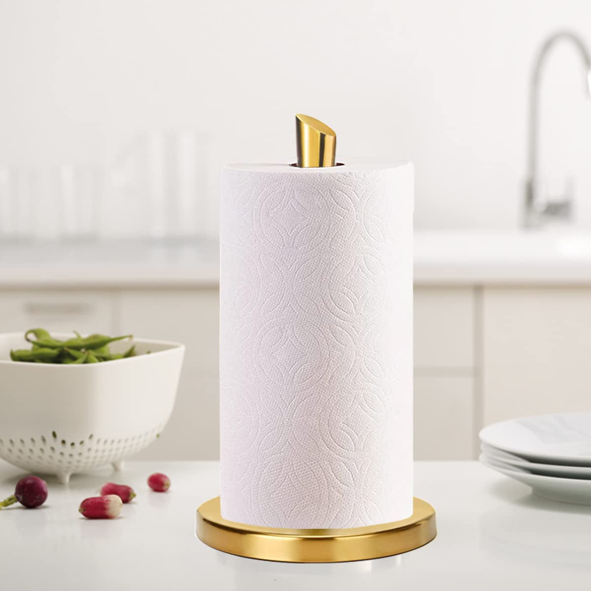 Paper Towel Holder countertop, Free-Standing Kitchen roll Holder for Kitchen Bathroom, Gold Paper Towel Holder Stand Dispenser with Stainless Base Fits Standard (Gold)…