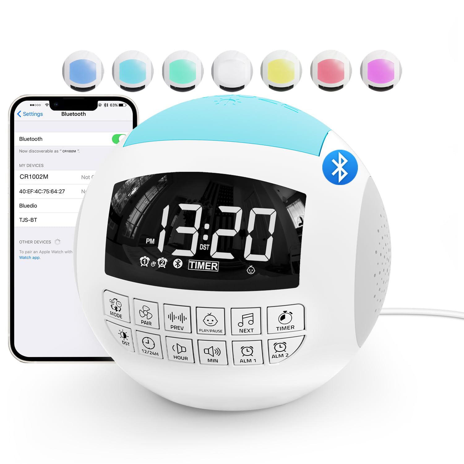 42 Sound White Noise Machine for Kids Adult Baby Sleeping + Bluetooth + Nightlight, Lullaby/Nature Soothing Sounds, 2 Alarm Clock for Bedroom Home, Adjustable Volume, 15-480 Timer, USB & AC Powered…