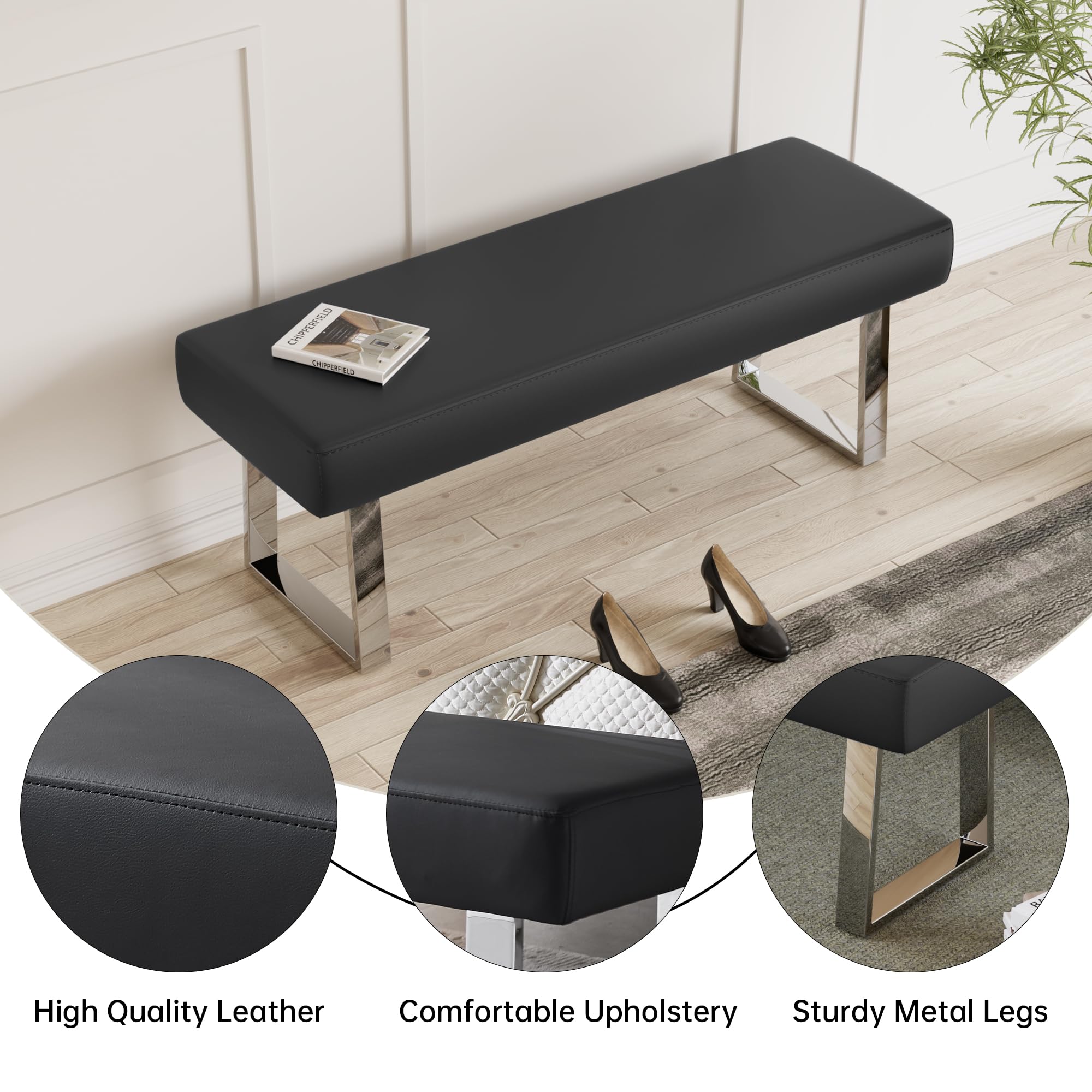 JIEXI 47in Upholstered PU Leather Long Bench, Waiting Room Bench Seating with Metal Leg, Reception Bench Office Chair, Bedroom Bench Corner Bench, for entryway and Living Room, Footstool (Black, 1.2m)