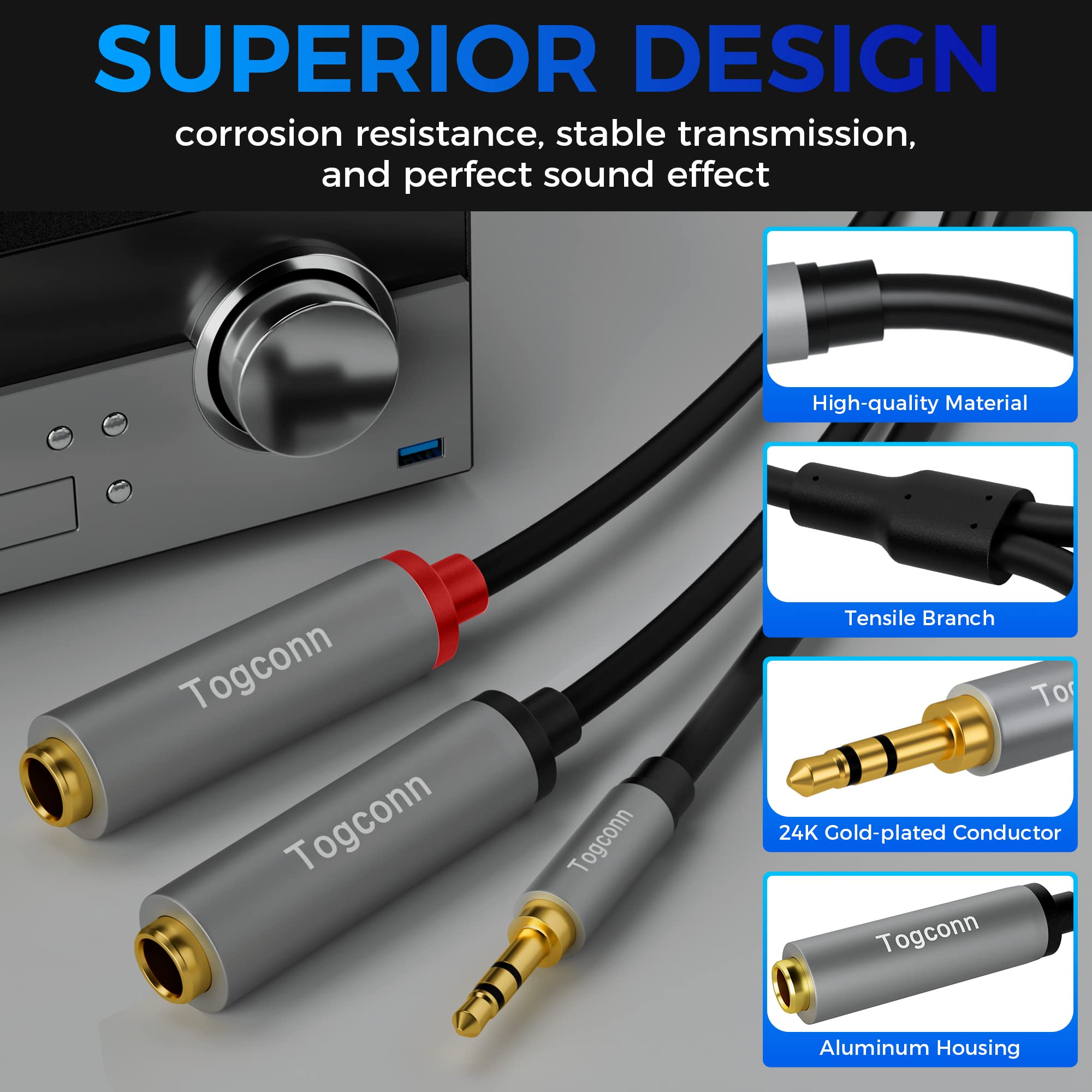 Togconn 3.5mm TRS to Dual 6.35mm Stereo Y Splitter. 1/8 inch Male to 2X 1/4 inch Mono Female Audio Gold Plated Joint Cable (10 Inch/25CM)