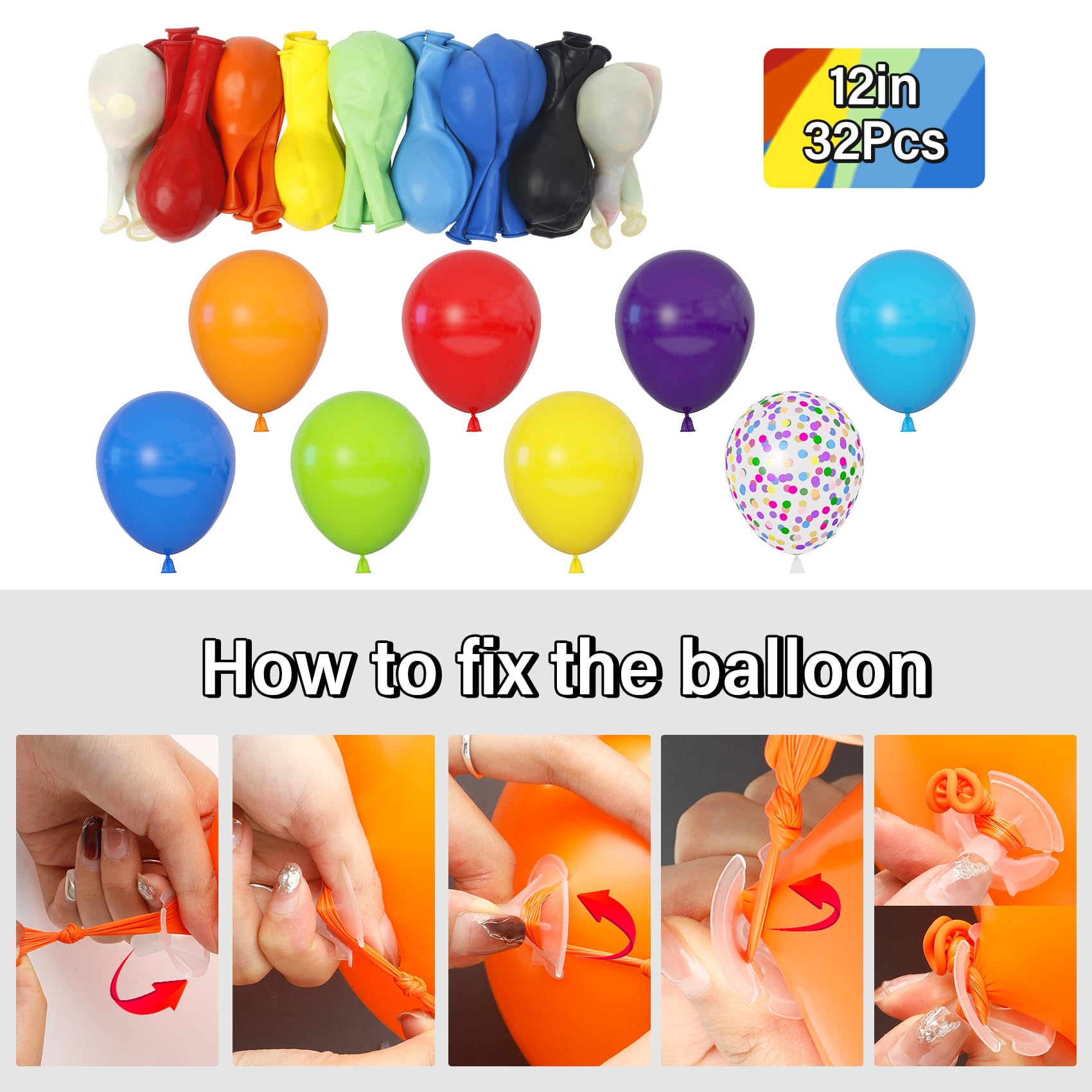 Amandir 2 Set Balloon Stand Kit for Floor with Lights, Include 32Pcs Rainbow Latex Confetti Balloons, Balloon Column Stand for Wedding Birthday Party