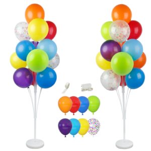 Amandir 2 Set Balloon Stand Kit for Floor with Lights, Include 32Pcs Rainbow Latex Confetti Balloons, Balloon Column Stand for Wedding Birthday Party