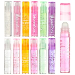 expressions 12pc roll on lip gloss set with carrying case, 12-piece glossy lip makeup - assorted fruity flavors, non toxic, kid friendly, party gift, best friends