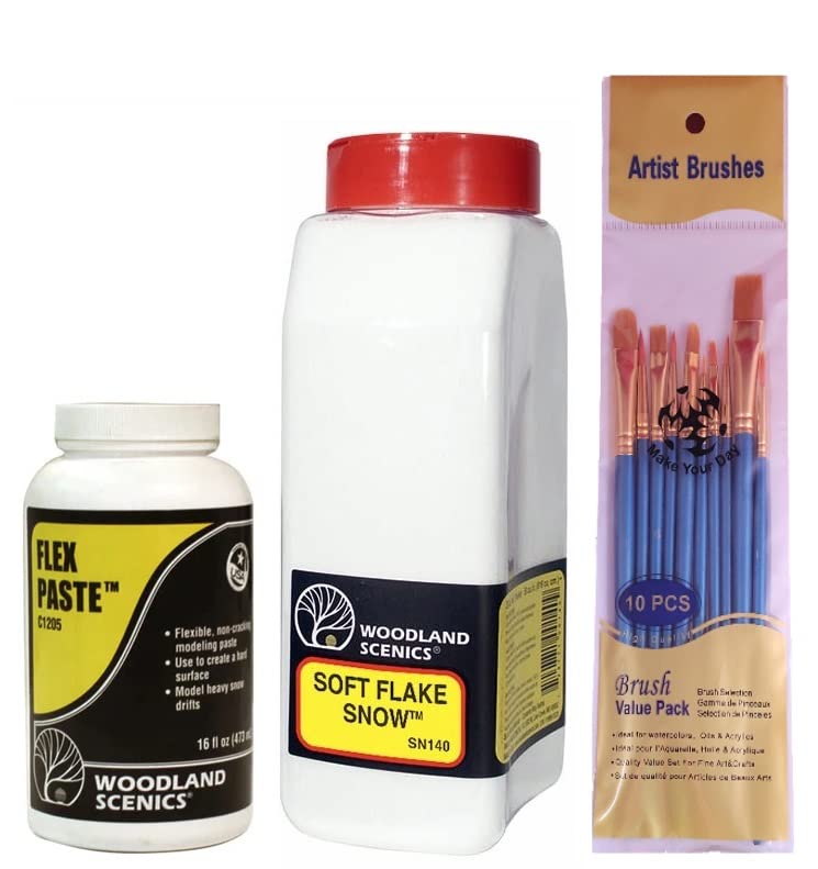 Woodland Scenics Flex Paste (C1205), Soft Flake Snow (SN140), and Make Your Day Paintbrushes