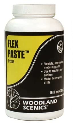 Woodland Scenics Flex Paste (C1205), Soft Flake Snow (SN140), and Make Your Day Paintbrushes