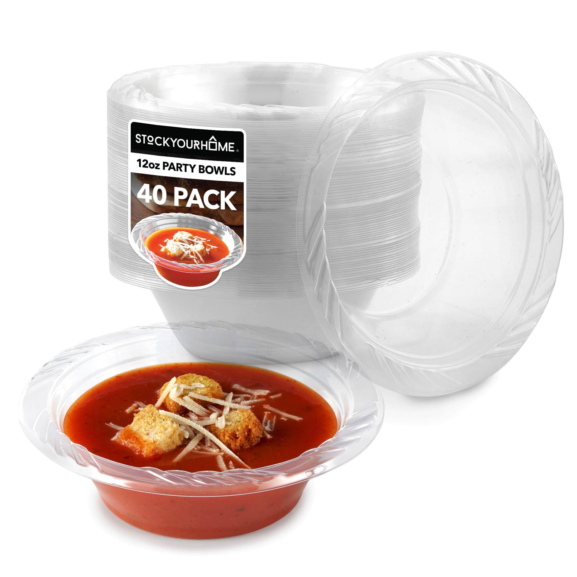 40 Pack 12 oz Elegant Clear Plastic Bowls for Parties Small Disposable Bowl for Fancy Dinner or Cocktail Party, Soup and Salad, Thick and Sturdy