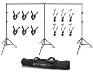 slow dolphin photo video studio 20ft (wide) x 10ft (tall) heavy duty adjustable width & length photography backdrop stand background support system kit with spring clamps, backdrop clips, carry bag