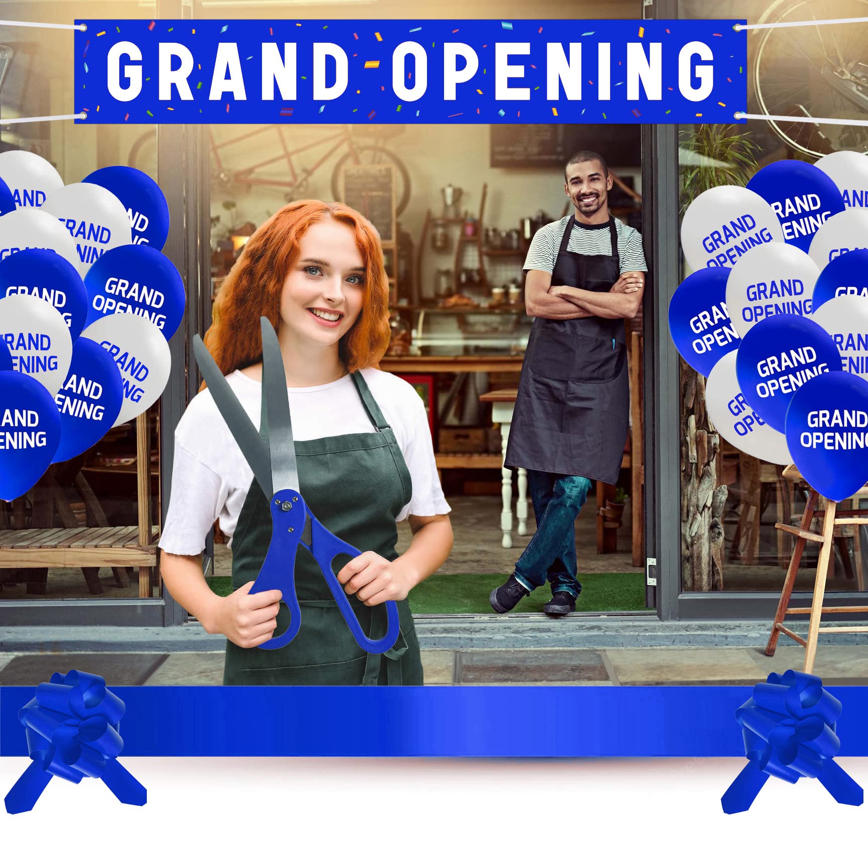 Grand Opening Blue Ribbon Cutting Ceremony Kit - 25" Giant Scissors with Blue Satin Ribbon, Banner, Balloons,Bows and More Supplies Grand Opening Decorations for Business