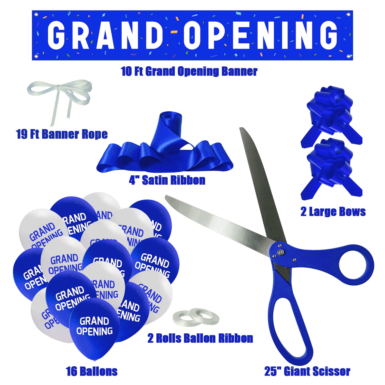 Grand Opening Blue Ribbon Cutting Ceremony Kit - 25" Giant Scissors with Blue Satin Ribbon, Banner, Balloons,Bows and More Supplies Grand Opening Decorations for Business