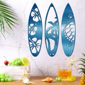 3 Pieces Metal Surf Board Wall Decor Summer Metal Surfboard Beach Signs Tiki Bar Metal Novelty Surfboard Sign Tropical Surf Board Palm Tree Wall Art for Wall and Door Outside (Blue)