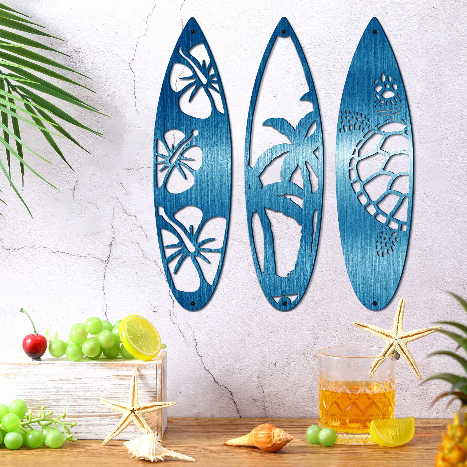 3 Pieces Metal Surf Board Wall Decor Summer Metal Surfboard Beach Signs Tiki Bar Metal Novelty Surfboard Sign Tropical Surf Board Palm Tree Wall Art for Wall and Door Outside (Blue)