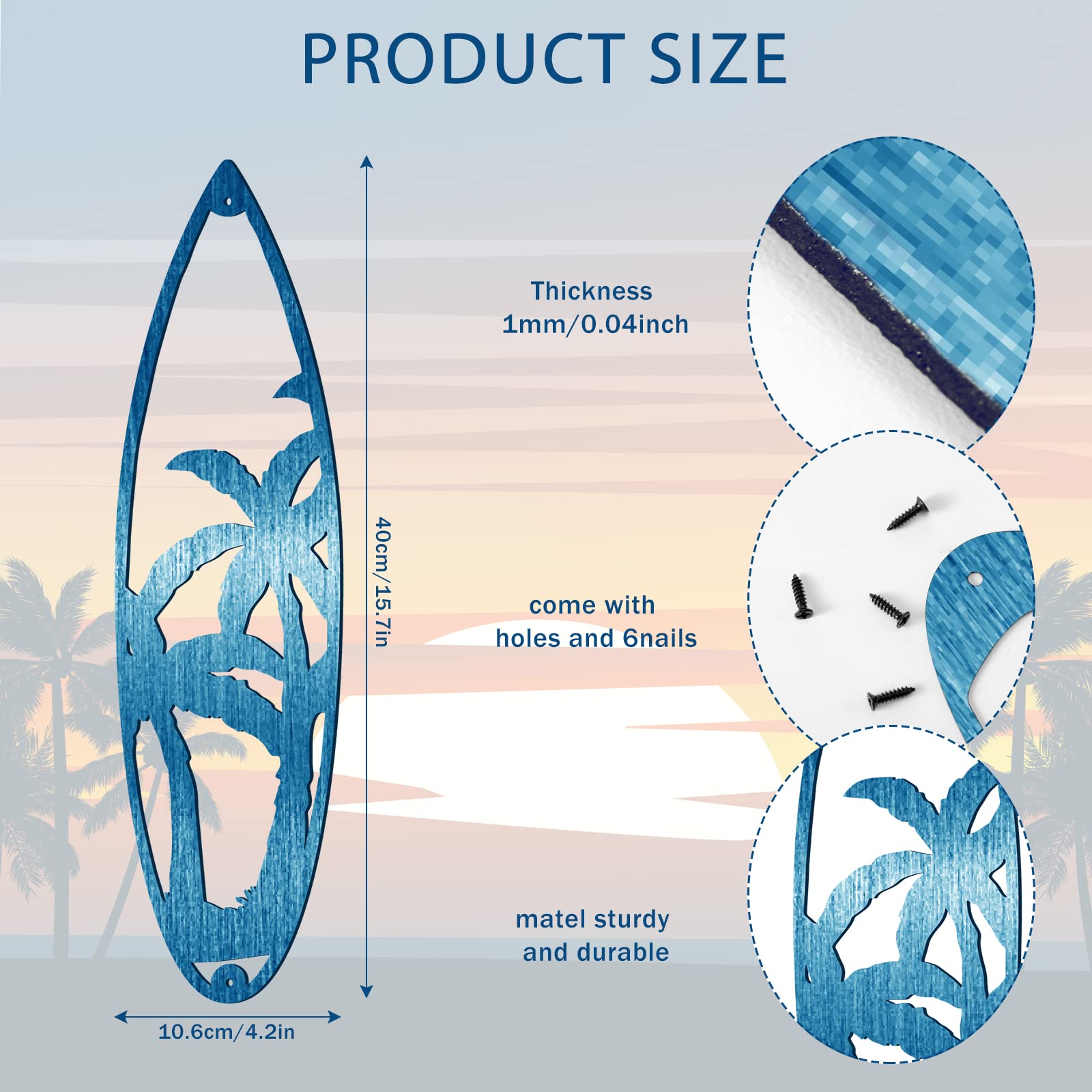 3 Pieces Metal Surf Board Wall Decor Summer Metal Surfboard Beach Signs Tiki Bar Metal Novelty Surfboard Sign Tropical Surf Board Palm Tree Wall Art for Wall and Door Outside (Blue)