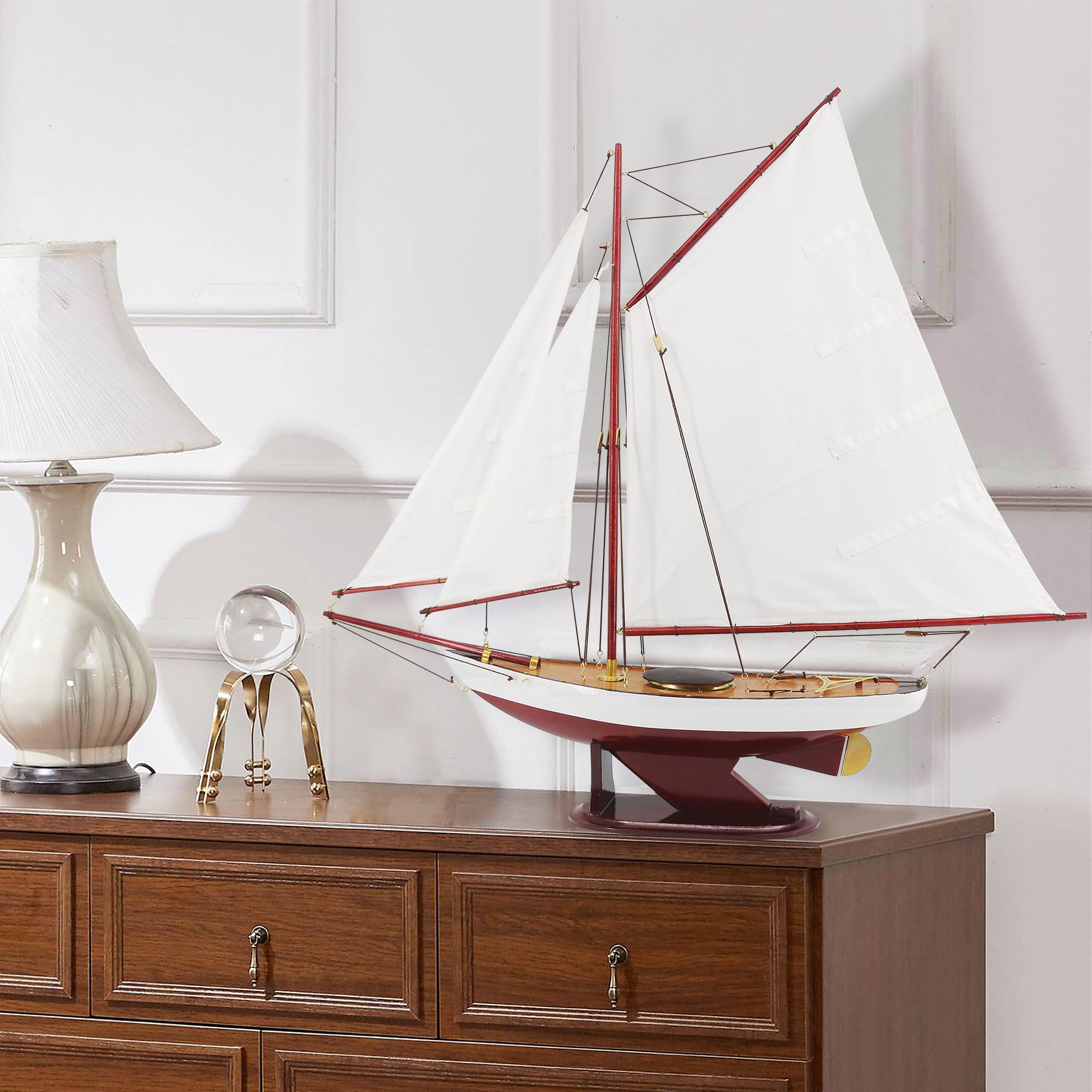 NAUTIMALL 26" Wooden Sailboat Decor Model Ship Model Bermuda Sloop Boat Model Handmade Nautical Modern Yacht sail Boat Schooner Model Coastal Home Decor Coastal Gift Scale