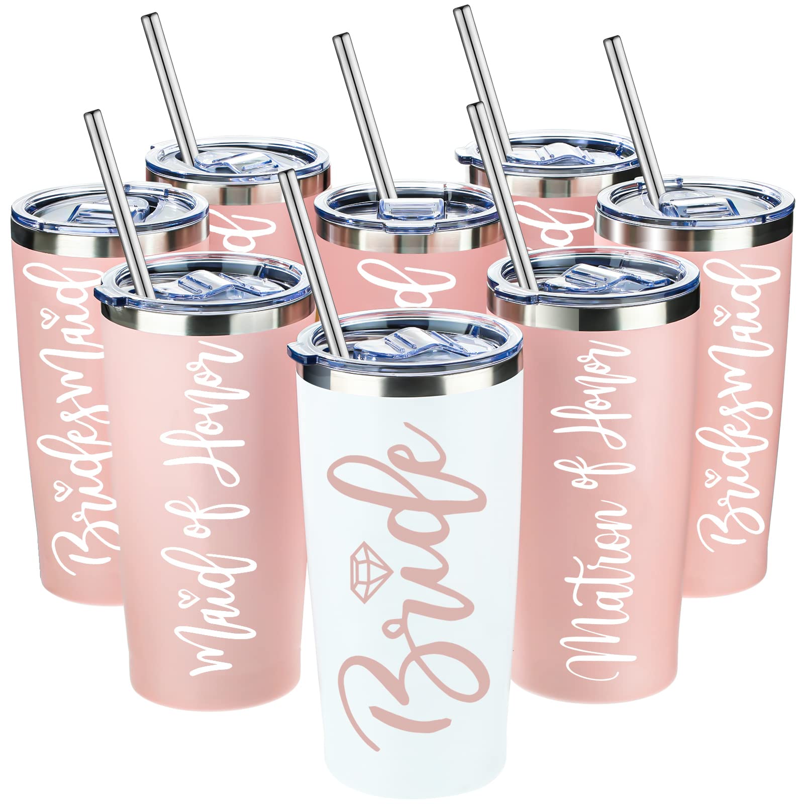 Sabary Bride Gifts Bridesmaid Tumblers Set of 8, 20 oz Insulated Bride Stainless Steel Wine Tumbler Bulk Maid of Honor Mugs with Lid and Straw for Wedding Engagement Party Gifts (Pink, White)