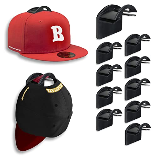 BRATEAYA Wall Hat Racks for Baseball Caps, Adhesive Hooks for Hanging Hats, Simple Installation Hat Organizer, No Drilling Ball Cap Display Holders, Wall Mount Hat Rack, Black, 10 Pack