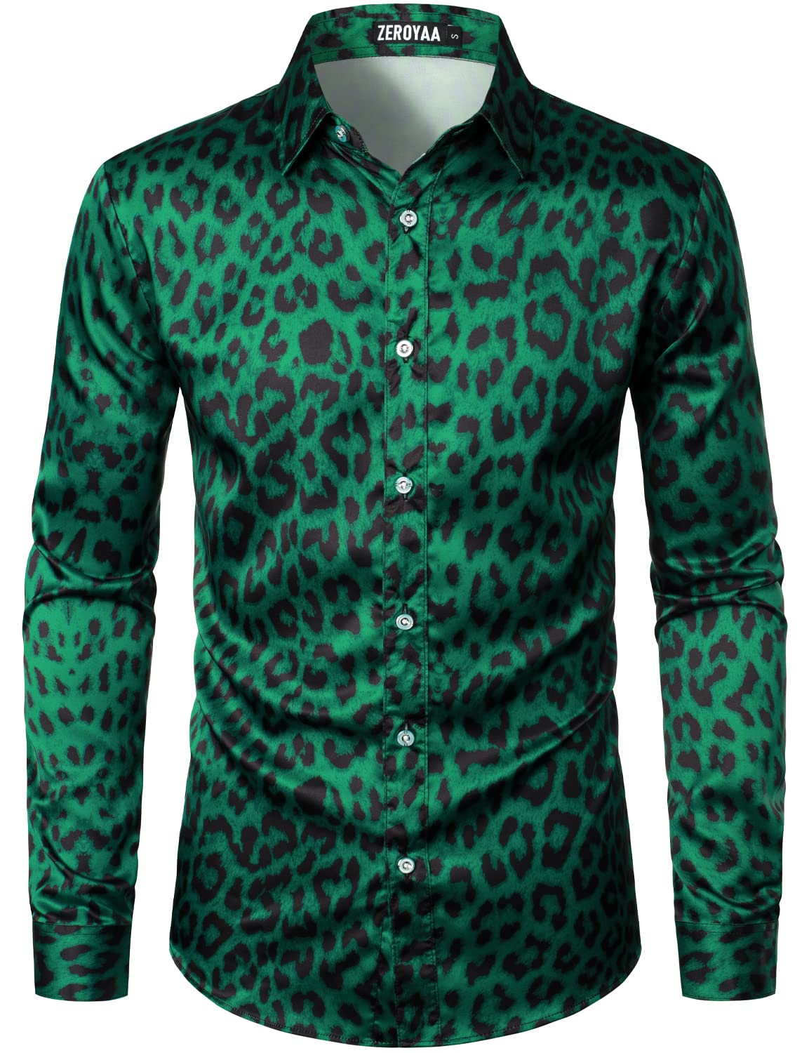 ZEROYAA Men's Hipster Leopard Printed Slim Fit Long Sleeve Button Up Satin Dress Shirts for Party Prom ZLCL36-108-Emerald XX-Large