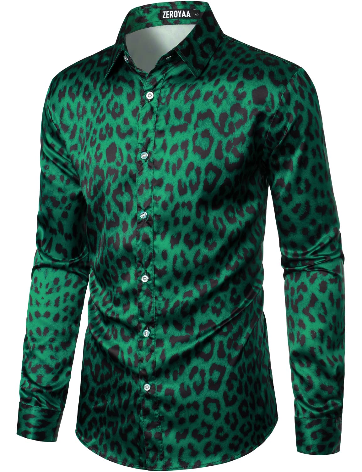 ZEROYAA Men's Hipster Leopard Printed Slim Fit Long Sleeve Button Up Satin Dress Shirts for Party Prom ZLCL36-108-Emerald XX-Large