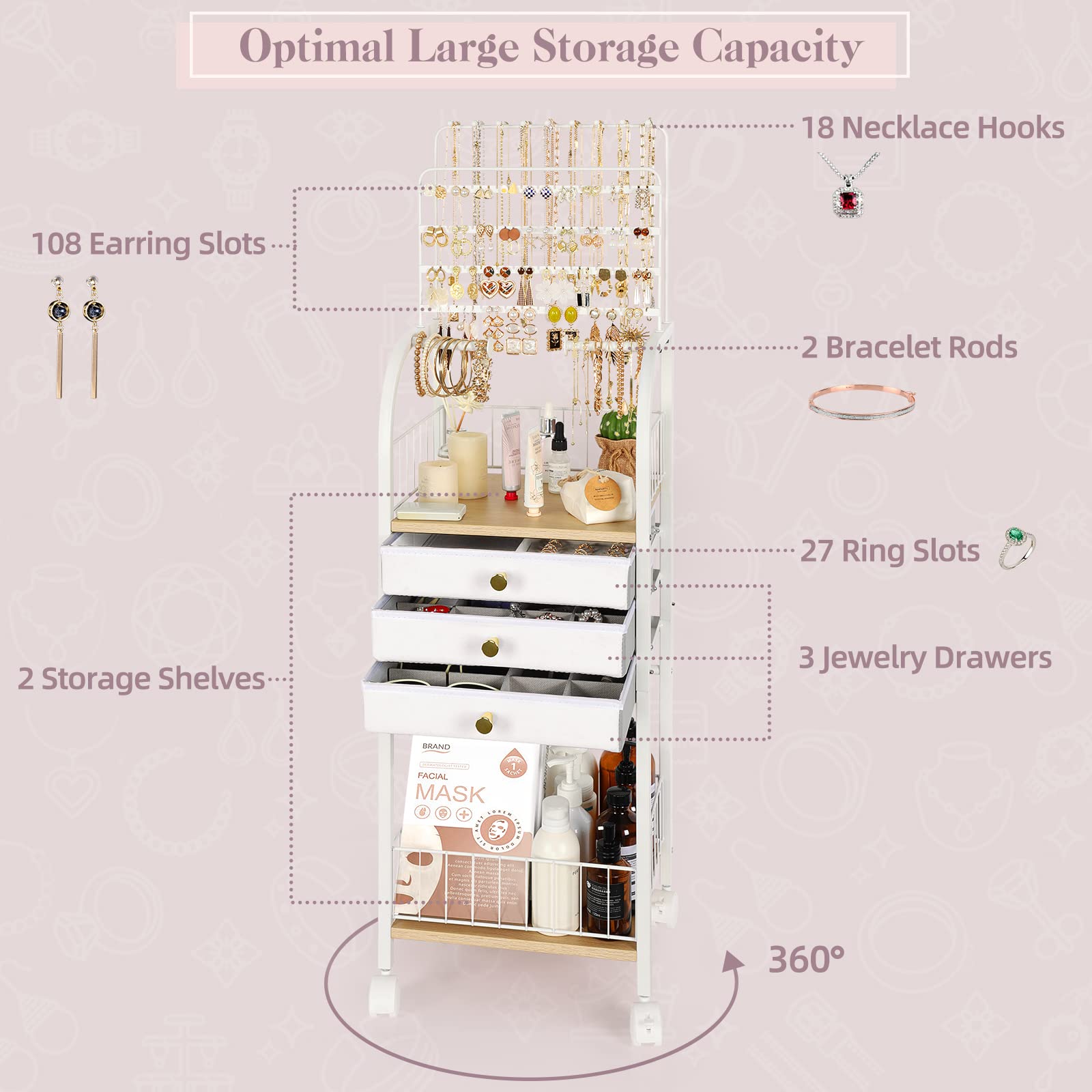 Keebofly Jewelry Organizer, Large Jewelry Stand with 3 Jewelry Box Drawer, Jewelry Holder Necklace Organizer Earring Storage Jewelry Armoire with Display for Earring Necklace Ring Bracelet