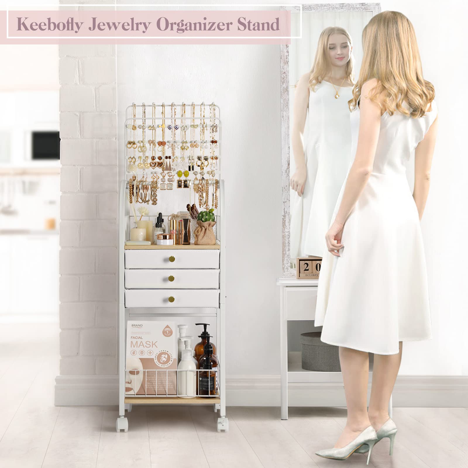 Keebofly Jewelry Organizer, Large Jewelry Stand with 3 Jewelry Box Drawer, Jewelry Holder Necklace Organizer Earring Storage Jewelry Armoire with Display for Earring Necklace Ring Bracelet