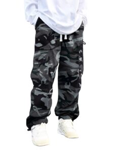 wdirara men's camo print drawstring flap pocket side high waist cargo pants grey camo l