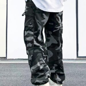 WDIRARA Men's Camo Print Drawstring Flap Pocket Side High Waist Cargo Pants Grey Camo L