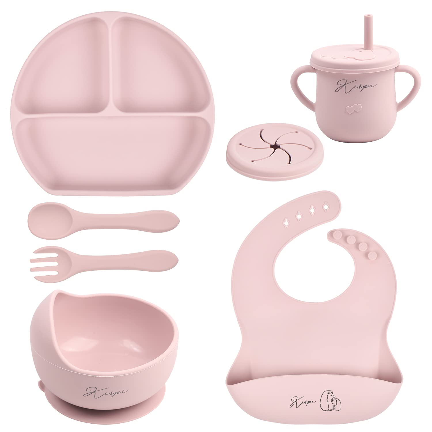 Baby Led Weaning Supplies - Kirpi Baby Feeding Set - Silicone Suction Bowls, Divided Plates, Sippy and Snack Cup - Toddler Self Feeding Eating Utensils Set with Bibs, Spoons, Fork - 6 Months (Pink)