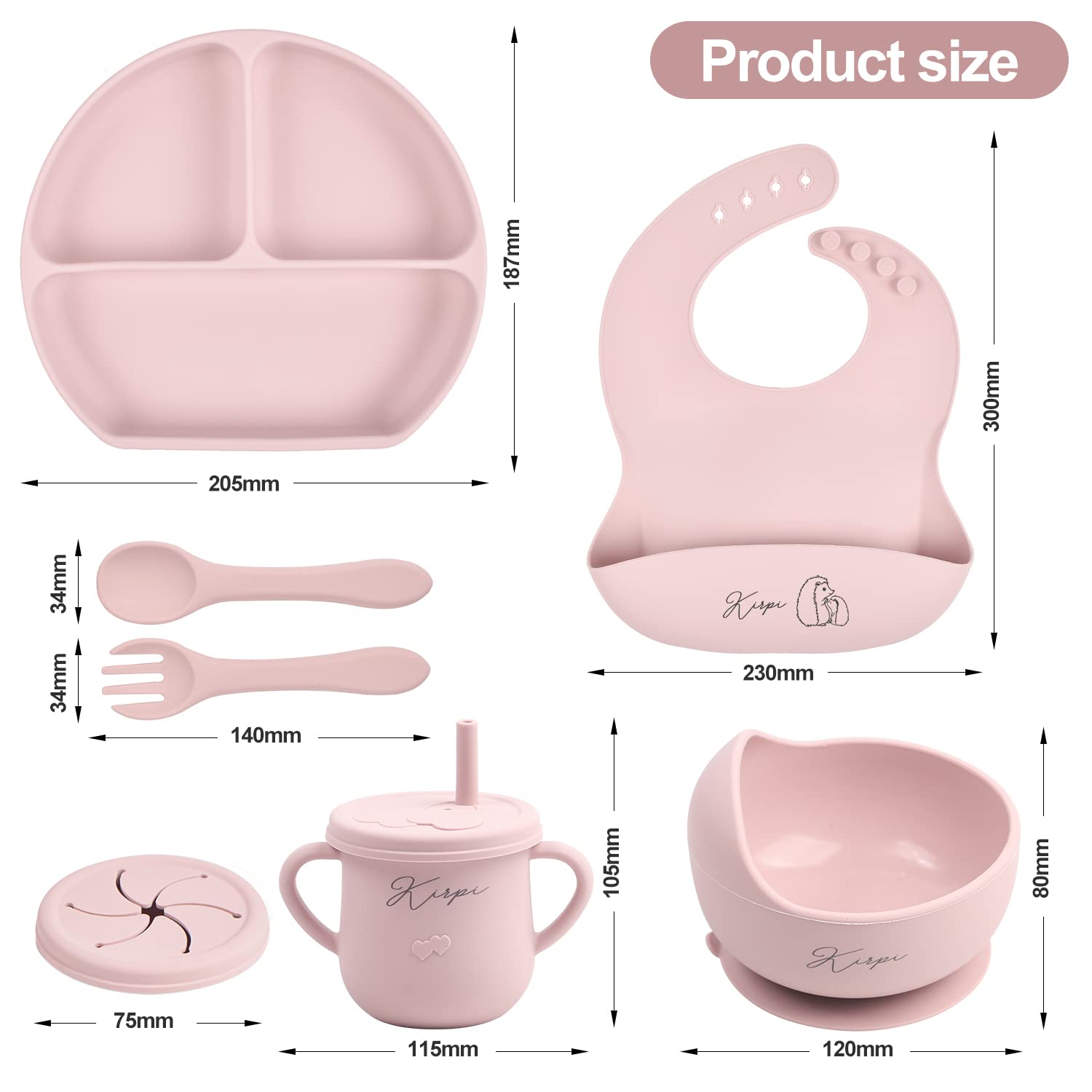 Baby Led Weaning Supplies - Kirpi Baby Feeding Set - Silicone Suction Bowls, Divided Plates, Sippy and Snack Cup - Toddler Self Feeding Eating Utensils Set with Bibs, Spoons, Fork - 6 Months (Pink)