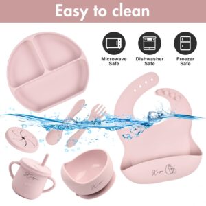 Baby Led Weaning Supplies - Kirpi Baby Feeding Set - Silicone Suction Bowls, Divided Plates, Sippy and Snack Cup - Toddler Self Feeding Eating Utensils Set with Bibs, Spoons, Fork - 6 Months (Pink)