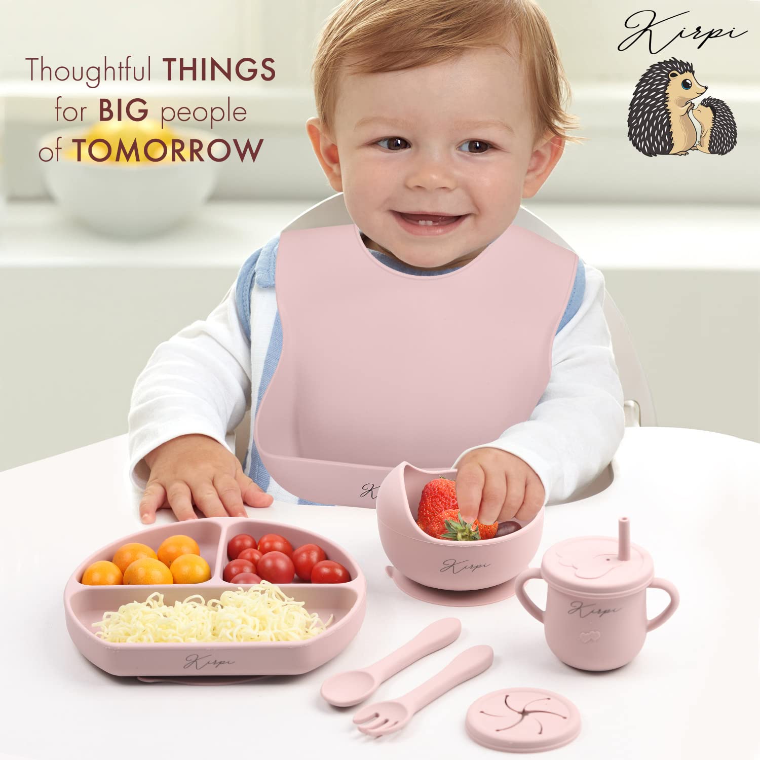 Baby Led Weaning Supplies - Kirpi Baby Feeding Set - Silicone Suction Bowls, Divided Plates, Sippy and Snack Cup - Toddler Self Feeding Eating Utensils Set with Bibs, Spoons, Fork - 6 Months (Pink)