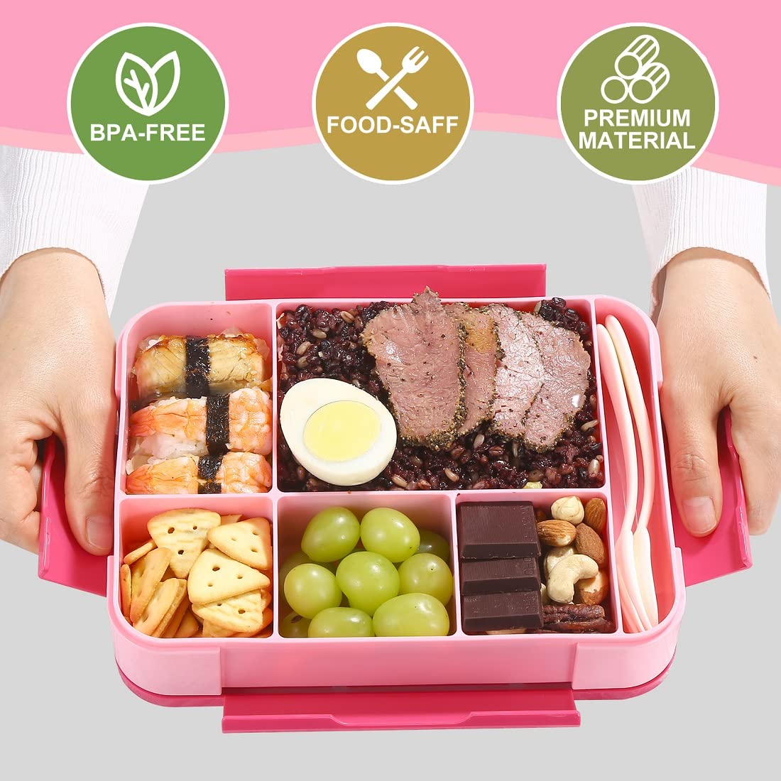 LOVINA Bento Box for Adult Kids, Stylish Teens Adult Lunch Box Containers With 5 Compartments, Durable, Microwave/Dishwasher Safe, BPA-Free, Perfect for On-the-Go Meal(Pink)