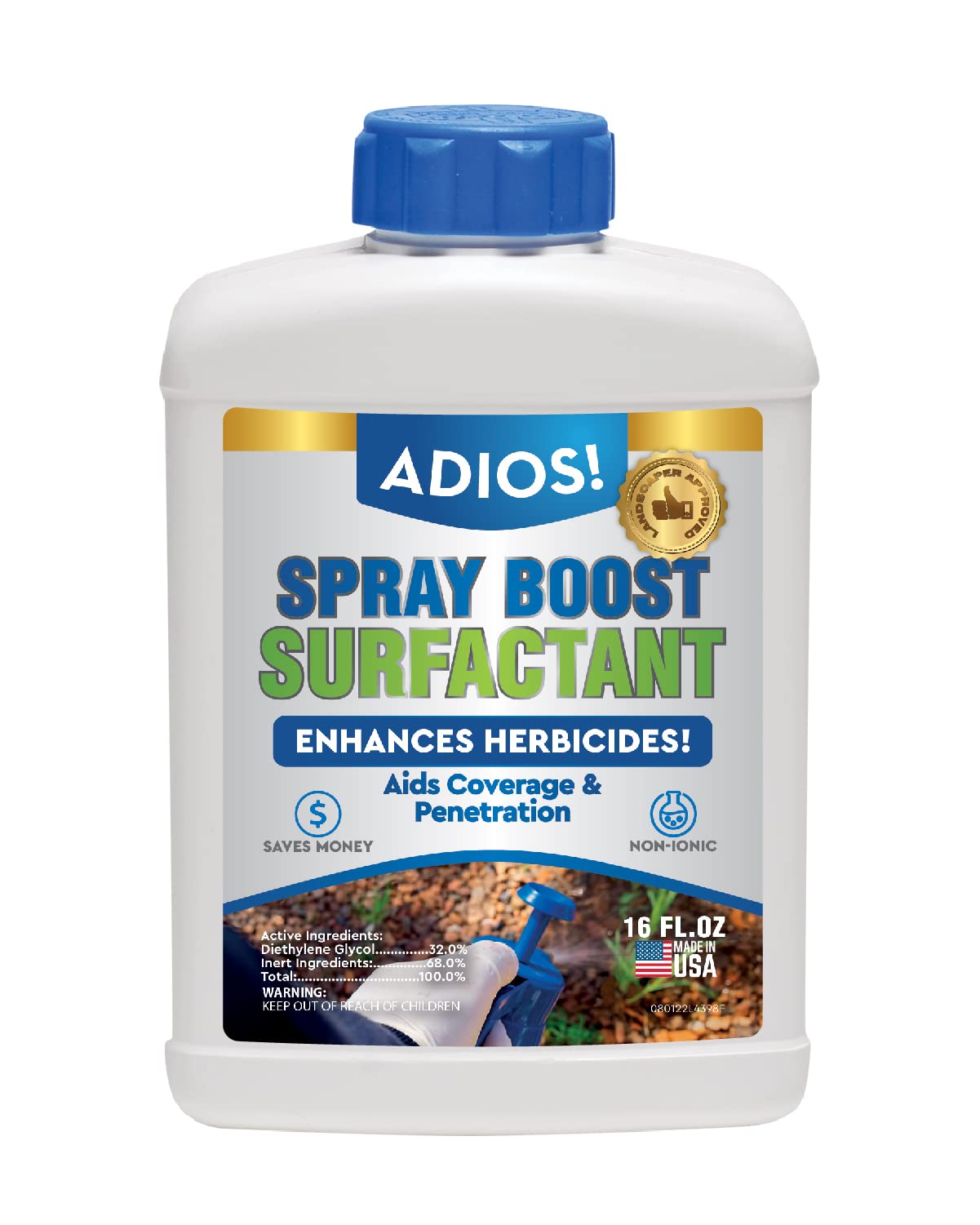 Adios! Spray Boost Surfactant for Herbicide and Weeds, Makes 50 Gallons of Nonionic Wetting Agent (16oz)