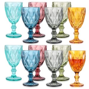 set of 12 vintage glass goblets bulk 10 oz multi colored stemware wine glasses crystal stemmed drinking glasses cups diamond pattern glassware set for party wedding bar water juice beverage 6 colors