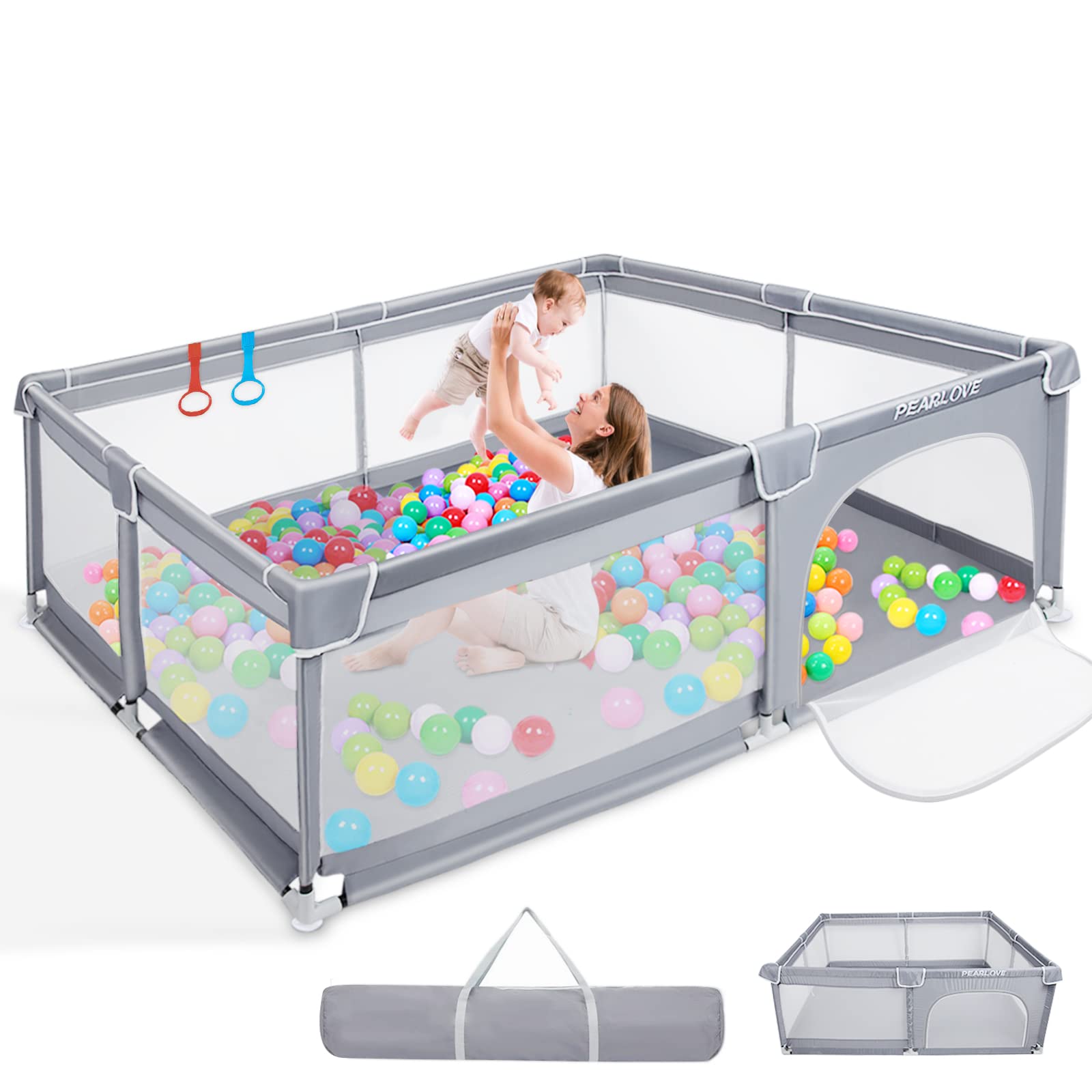 Large Baby Playpen, 71x59 Extra Large Baby Playard for Toddler, Playpens for Babies, Sturdy Safety Kids Activity Center, Baby Gate Playpen with Breathable Mesh 2 Handles（Light Gray）