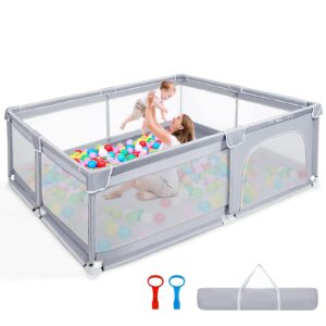 Large Baby Playpen, 71x59 Extra Large Baby Playard for Toddler, Playpens for Babies, Sturdy Safety Kids Activity Center, Baby Gate Playpen with Breathable Mesh 2 Handles（Light Gray）