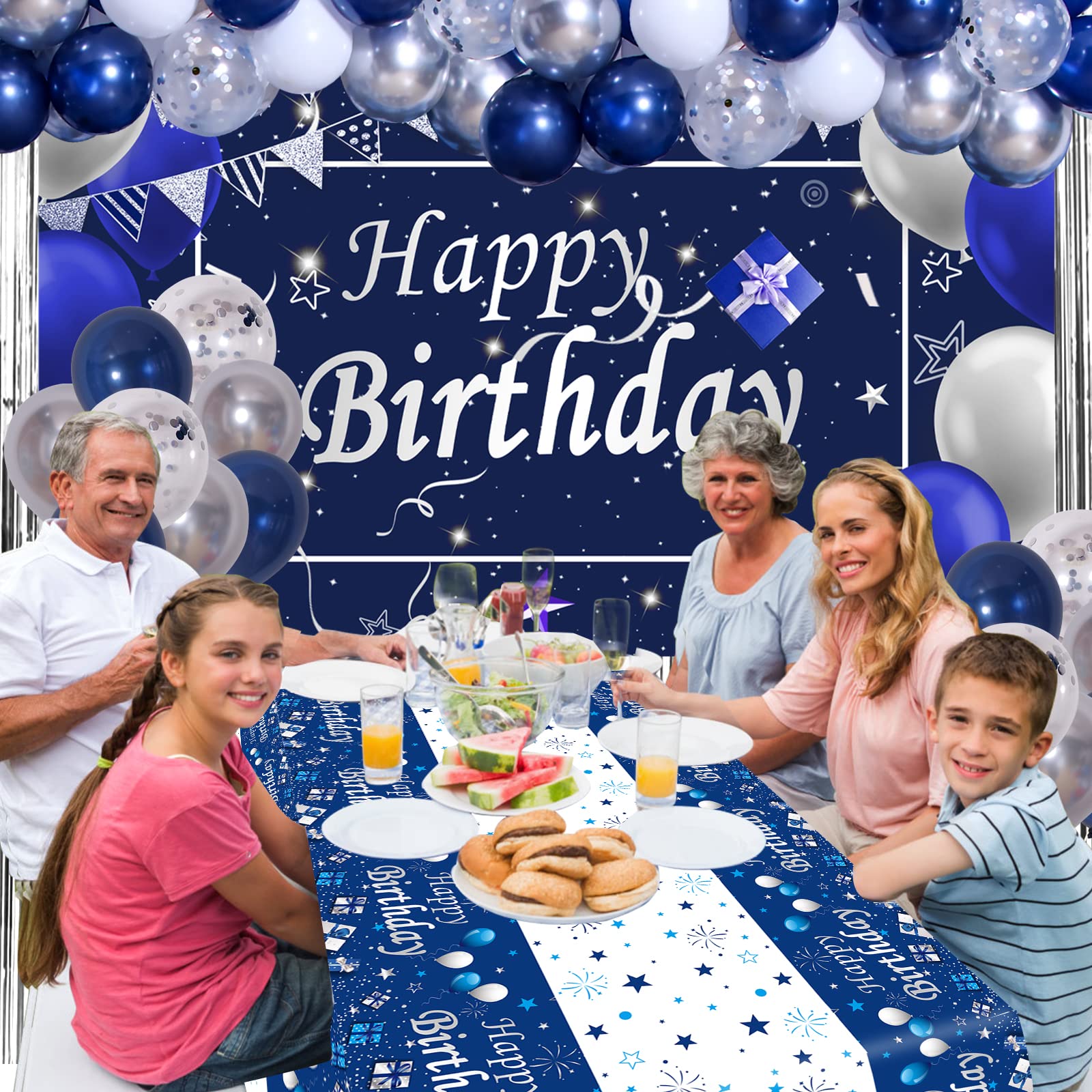 Blue Birthday Decorations for Men, Happy Birthday Decorations for Men Women Boy Party Decoration Backdrop & Tablecloth Balloons Arch Kit Blue Silver Confetti Balloons Foil Fringe Curtains Table Cover