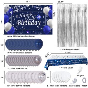 Blue Birthday Decorations for Men, Happy Birthday Decorations for Men Women Boy Party Decoration Backdrop & Tablecloth Balloons Arch Kit Blue Silver Confetti Balloons Foil Fringe Curtains Table Cover