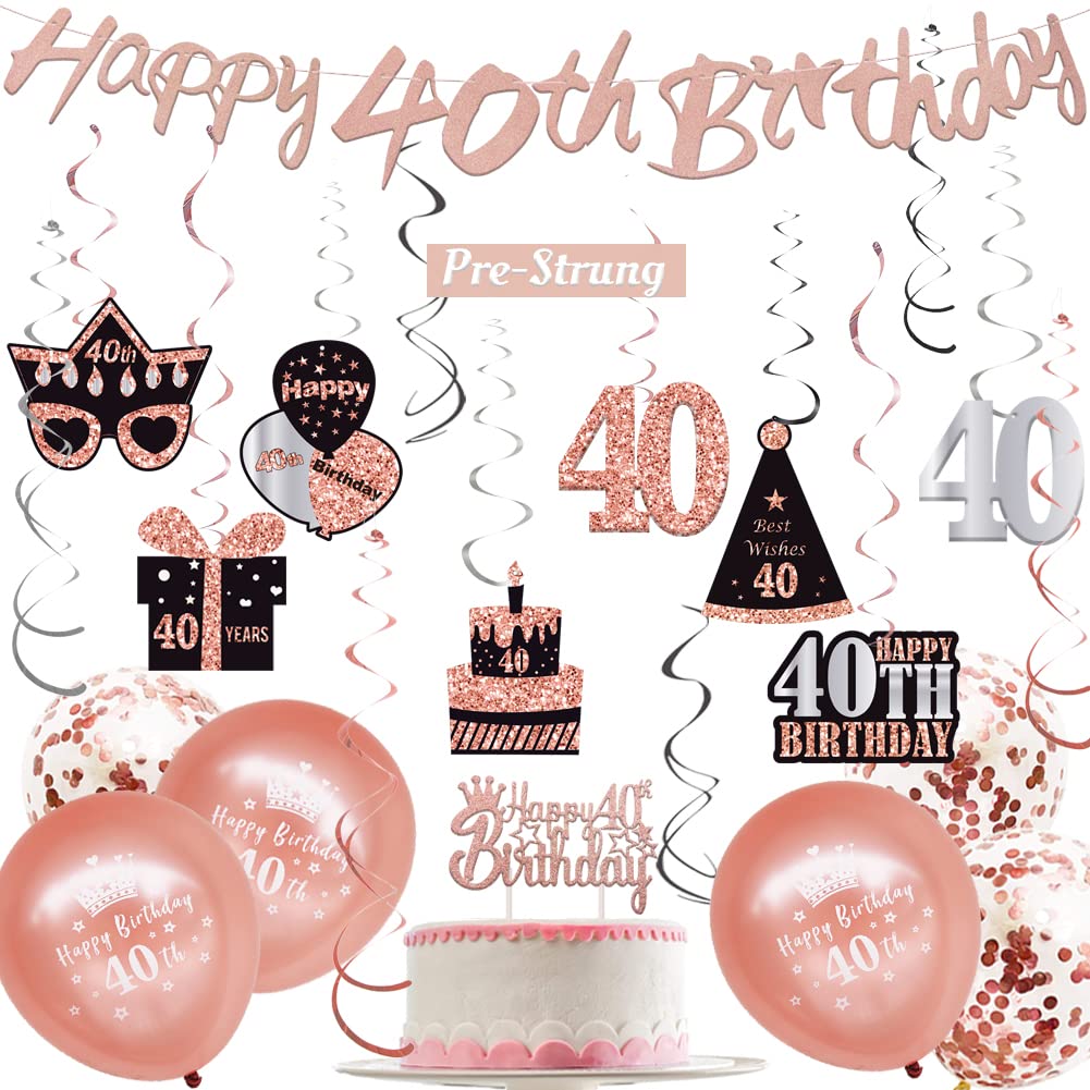 WOJOGO 40th Birthday Decorations Women, Rose Gold & Black 40 Birthday Decorations For Women Men, Including Happy 40th Birthday Banner Hanging Swirls Cake Topper Balloons for Party Supplies