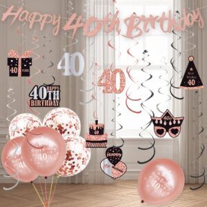 WOJOGO 40th Birthday Decorations Women, Rose Gold & Black 40 Birthday Decorations For Women Men, Including Happy 40th Birthday Banner Hanging Swirls Cake Topper Balloons for Party Supplies