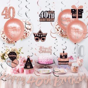 WOJOGO 40th Birthday Decorations Women, Rose Gold & Black 40 Birthday Decorations For Women Men, Including Happy 40th Birthday Banner Hanging Swirls Cake Topper Balloons for Party Supplies