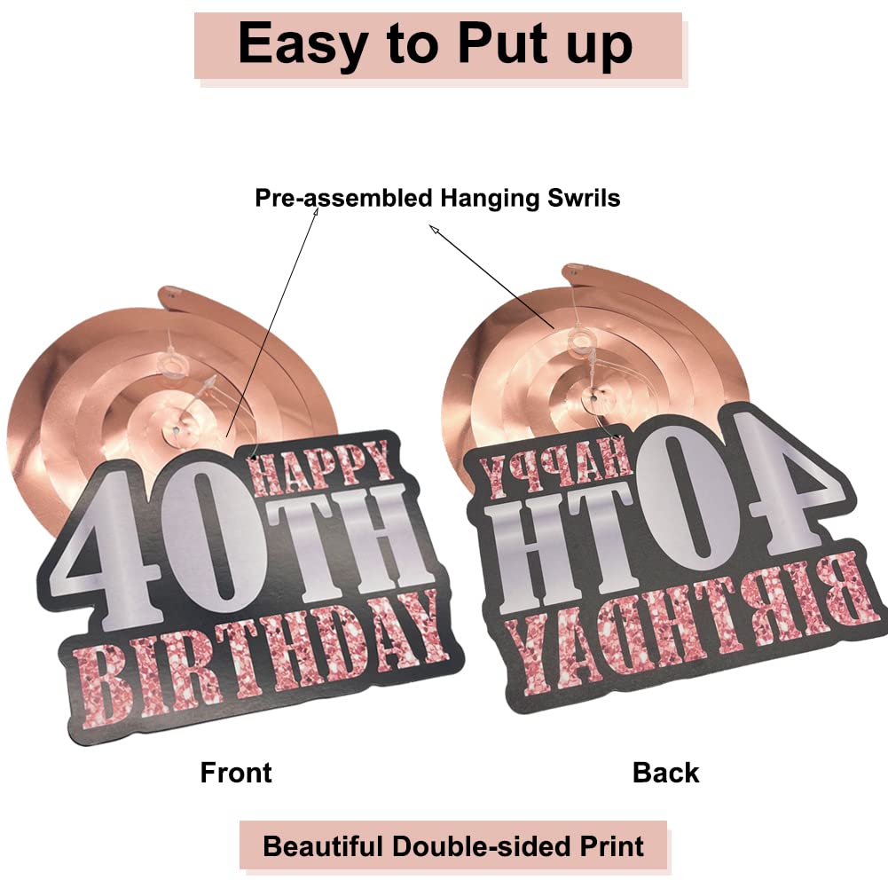 WOJOGO 40th Birthday Decorations Women, Rose Gold & Black 40 Birthday Decorations For Women Men, Including Happy 40th Birthday Banner Hanging Swirls Cake Topper Balloons for Party Supplies