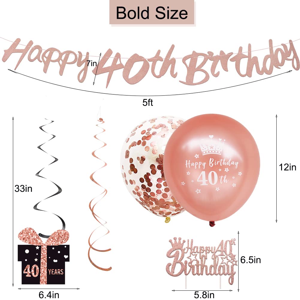 WOJOGO 40th Birthday Decorations Women, Rose Gold & Black 40 Birthday Decorations For Women Men, Including Happy 40th Birthday Banner Hanging Swirls Cake Topper Balloons for Party Supplies