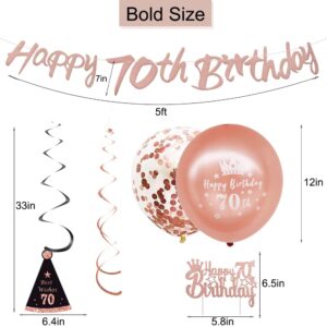 WOJOGO 70th Birthday Decorations Women, Rose Gold 70 Birthday Decorations for Men, Including Happy 70th Birthday Banner Hanging Swirls Birthday Cake Topper Balloons for Party Supplies