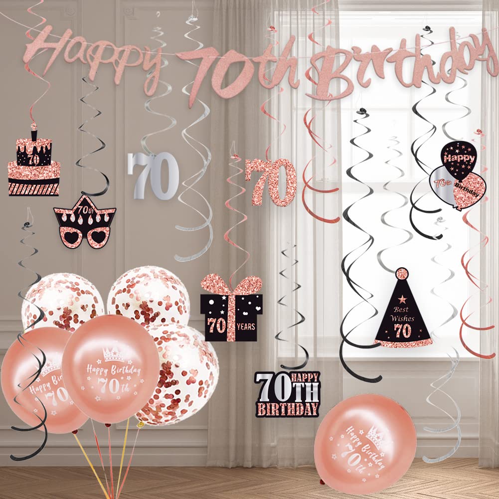 WOJOGO 70th Birthday Decorations Women, Rose Gold 70 Birthday Decorations for Men, Including Happy 70th Birthday Banner Hanging Swirls Birthday Cake Topper Balloons for Party Supplies